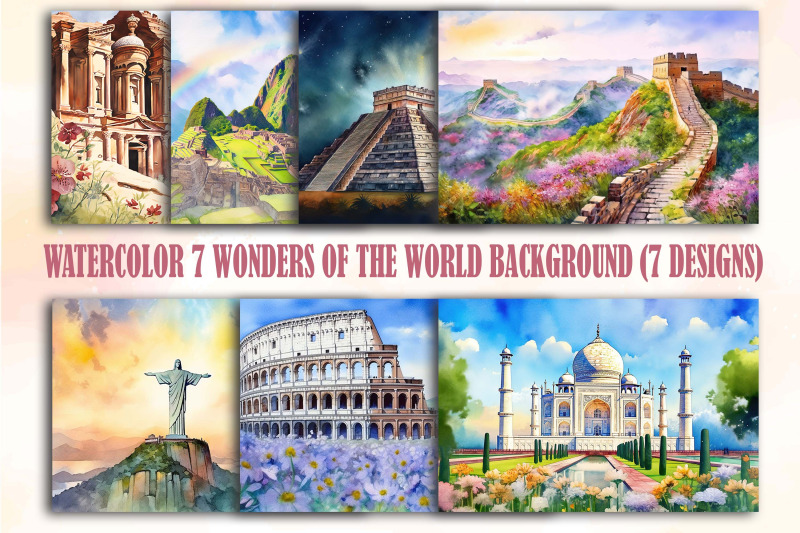 Watercolor 7 Wonders Of The World Backgrounds By Mulew Art | TheHungryJPEG