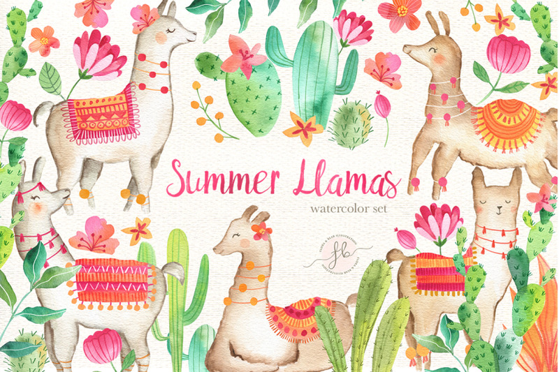 Llamas Summer Watercolor Illustration Set By Flora & Bear | TheHungryJPEG