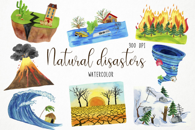 Watercolor Natural Disasters Clipart, Catastrophes Clipart, Environmen ...