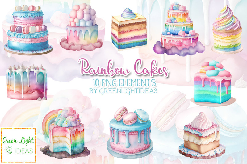 Rainbow Cakes Clipart, Watercolor Birthday Cakes Illustrations By Green ...