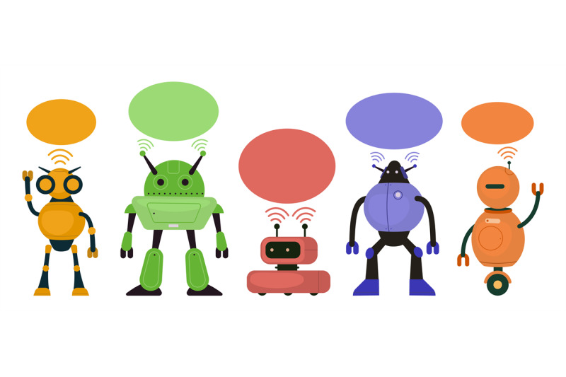 Artificial intelligence concept, set of robots with chat bubbles. Cart ...