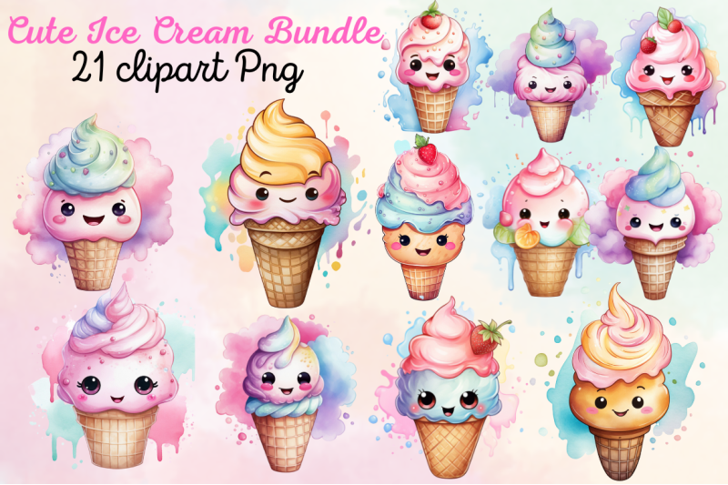 Cute Ice Cream Watercolor Clipart By Bundlestshirt | TheHungryJPEG
