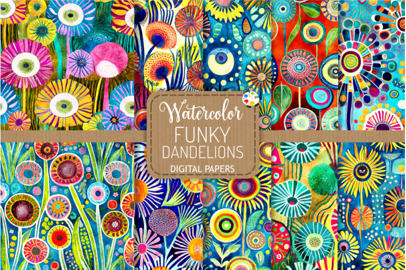 Watercolor Funky Dandelion Pattern Papers By Prawny | TheHungryJPEG