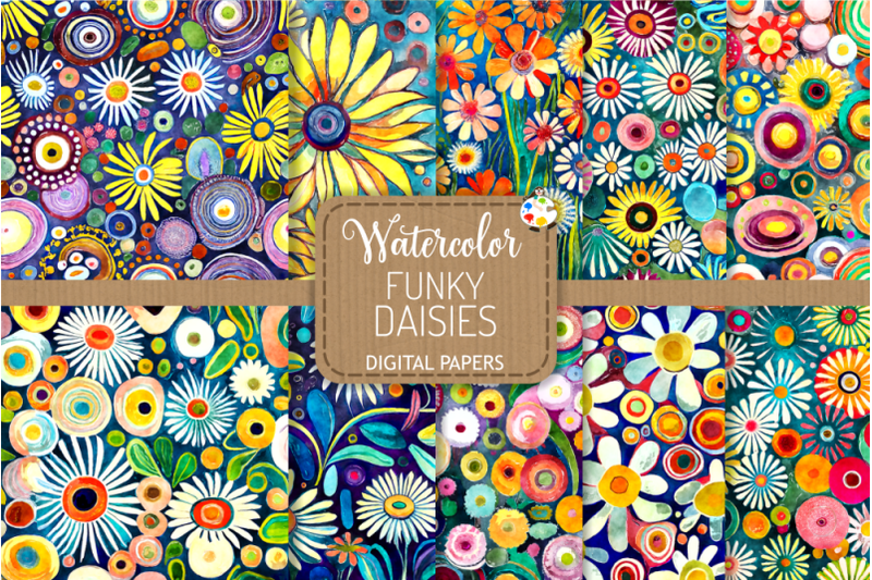 Funky Daisies - Watercolor Digital Paper Patterns By Prawny | TheHungryJPEG