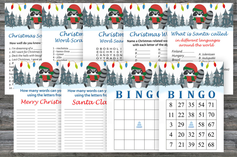 Christmas party game bundle,Christmas Raccoon Printable christmas game ...