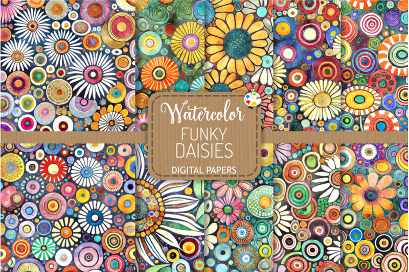 Funky Daisies - Watercolor Digital Paper Patterns Set 2 By Prawny ...