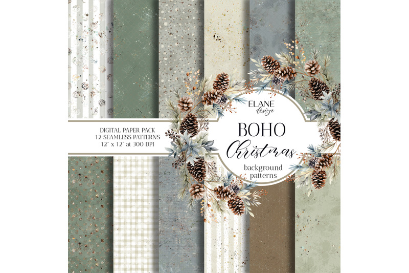 Boho Christmas Digital Paper Pack By ElaneDesign | TheHungryJPEG