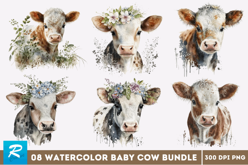 Watercolor Baby Cow Bundle By Regulrcrative | TheHungryJPEG