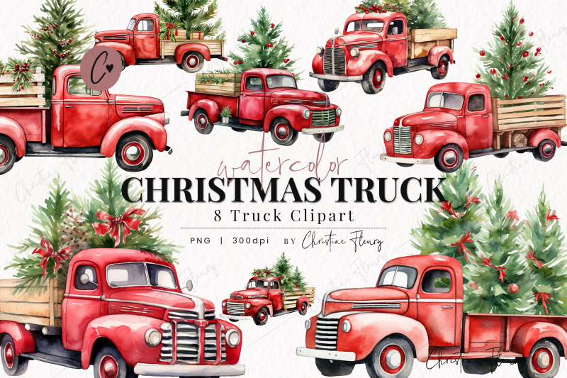Watercolor Christmas Truck Clipart By Christine Fleury | TheHungryJPEG