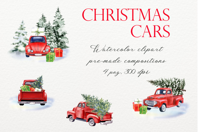 Watercolor Christmas Car Clipart By WatercolorArtByOlga | TheHungryJPEG
