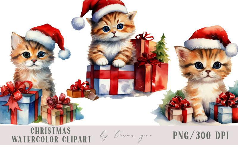 Watercolor Christmas kitty cats with gift box clipart- 3 png By Tiana ...