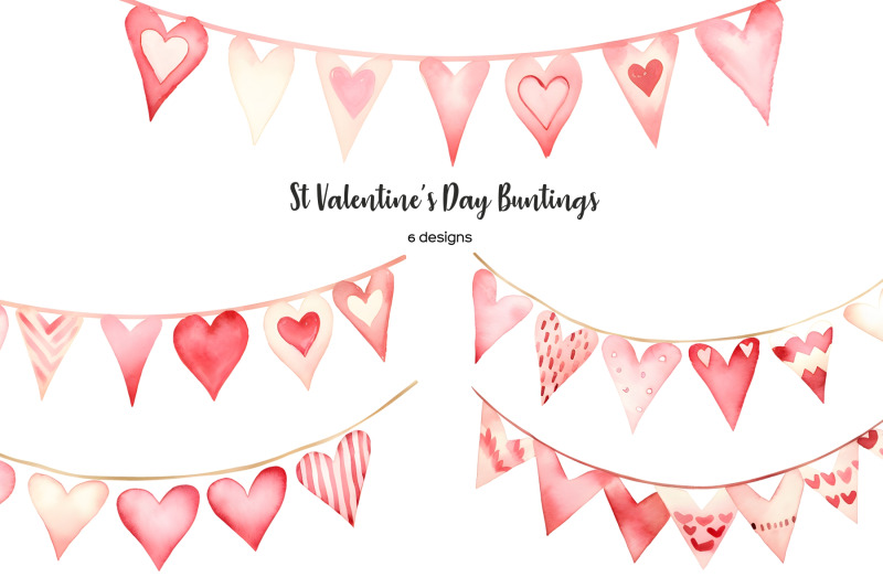 Watercolor Valentine bunting clipart. Valentine red pink heart bunting ...