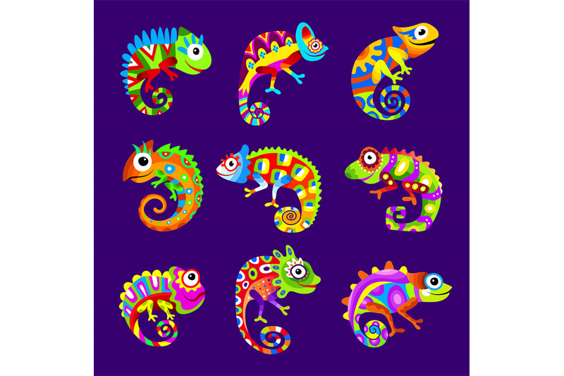 Chameleons. Stylized colored chameleons with colorful skin recent vect ...
