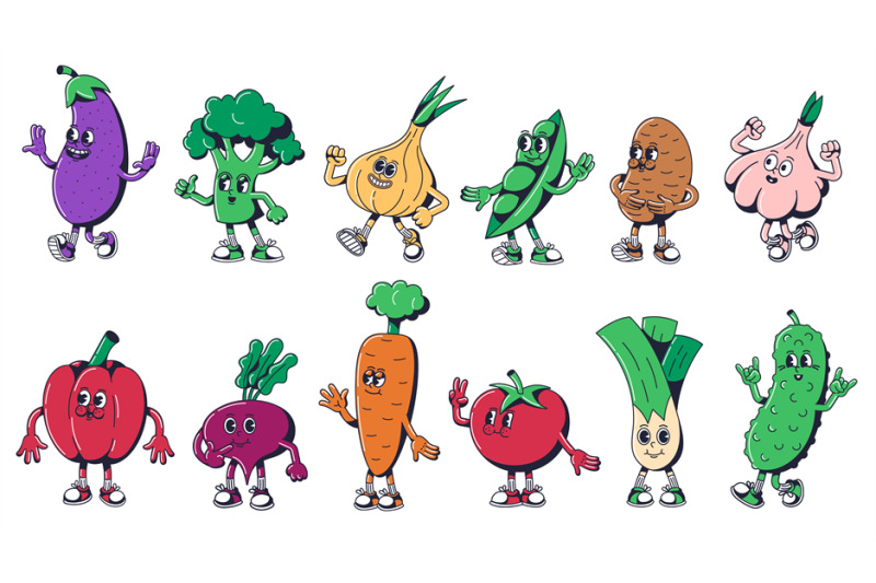 Cartoon vegetables characters. Walking eggplant, onion and cucumber. V ...