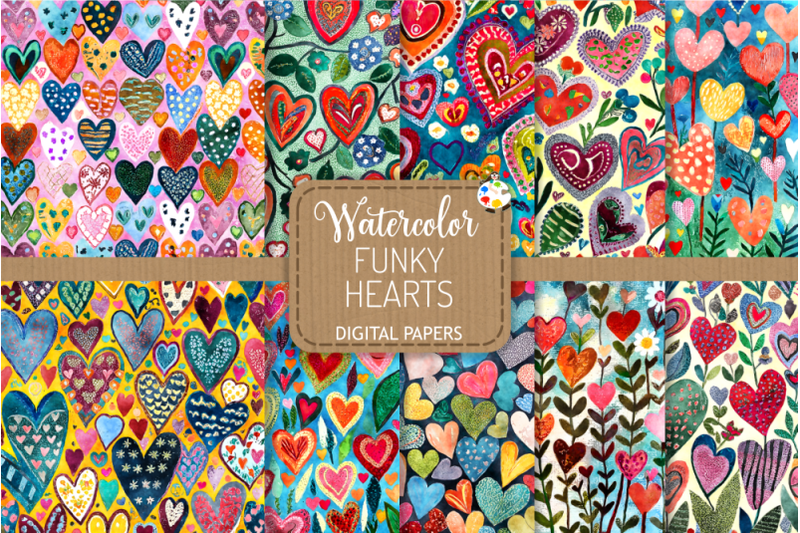 Funky Hearts Set 7 - Watercolor Pattern Papers By Prawny | TheHungryJPEG