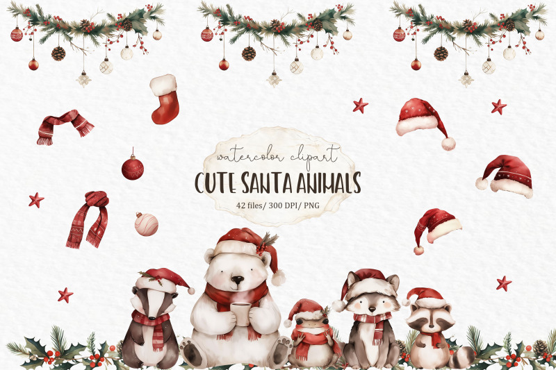 Santa hat animals Christmas watercolor clipart PNG By MyLittleMeow ...