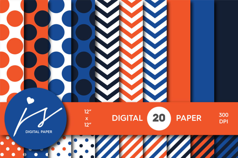 Orange and royal blue digital paper with stripes, chevron and polka ...