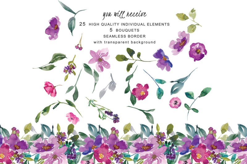 Hand Painted Watercolor Purple Flowers Clip Art By Patishop Art ...