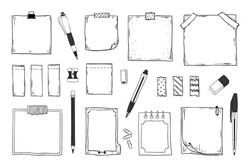 Doodle Notes Diary Notebook And Paper Sheets With Pin Pen Pencil And 