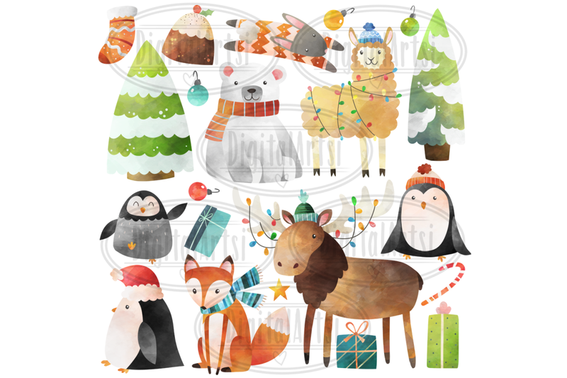 Watercolor Christmas Animals Clipart By Digitalartsi | TheHungryJPEG