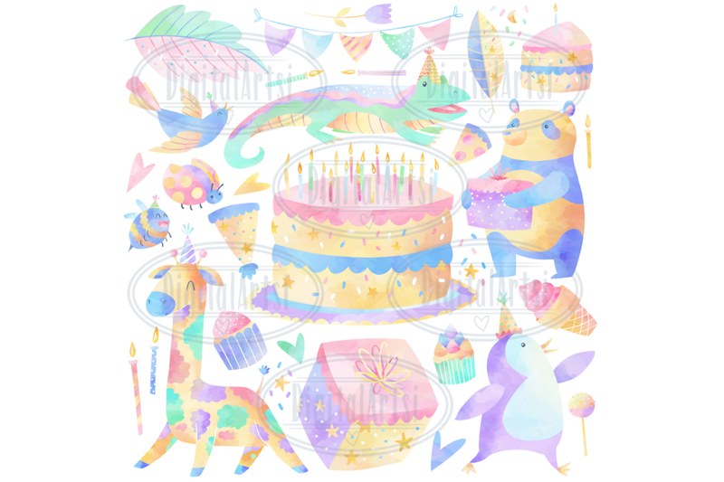 Watercolor Birthday Animals Clipart By Digitalartsi | TheHungryJPEG