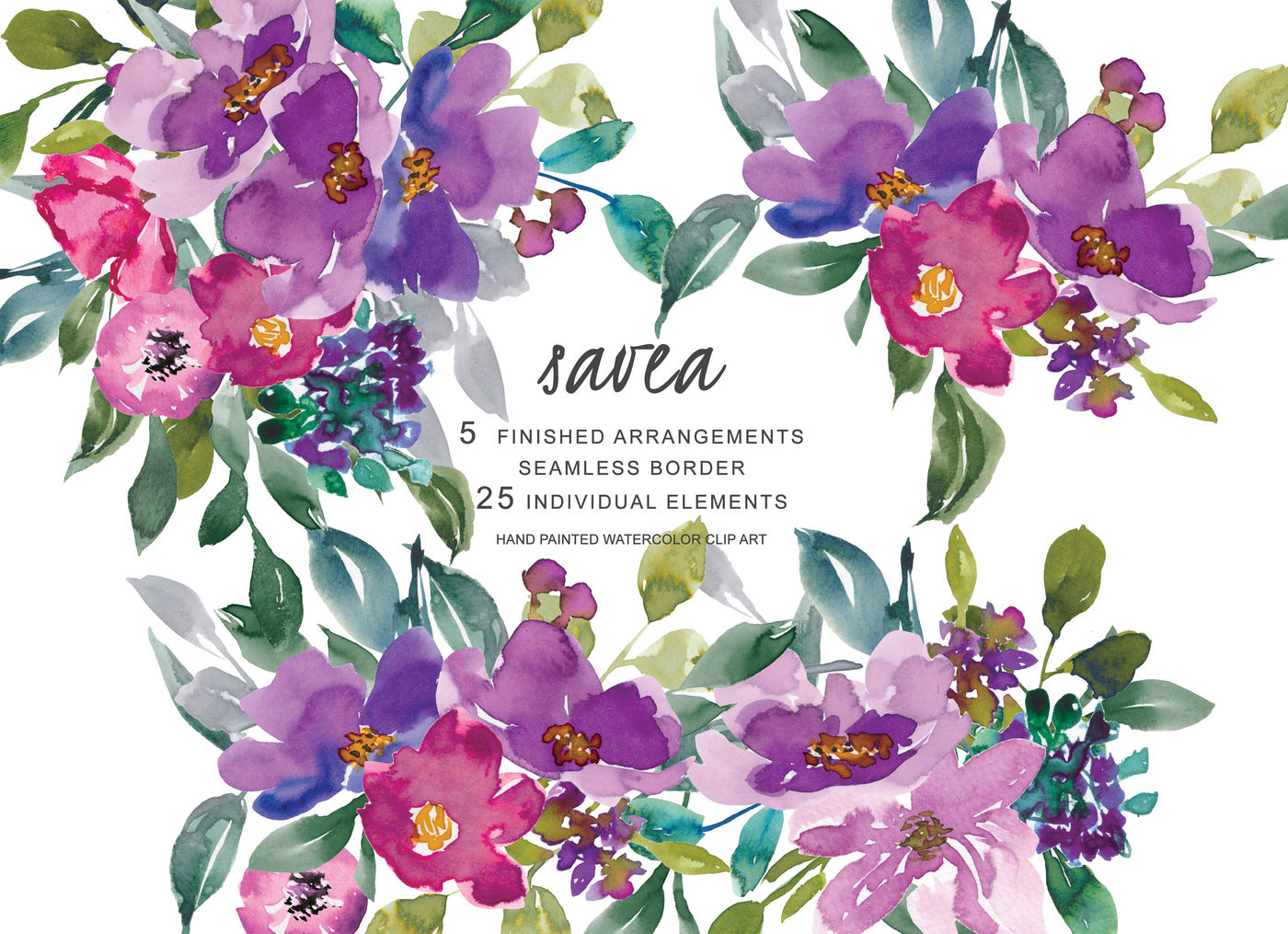 Hand Painted Watercolor Purple Flowers Clip Art By Patishop Art ...