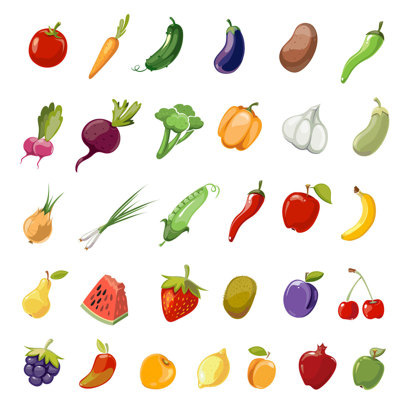 Cartoon Fruit And Vegetables Organic Healthy Big Vector Icons Collecti 