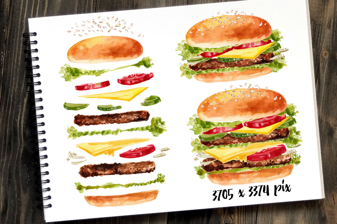 Fast food. Burger watercolor By Irina Vaneeva | TheHungryJPEG.com