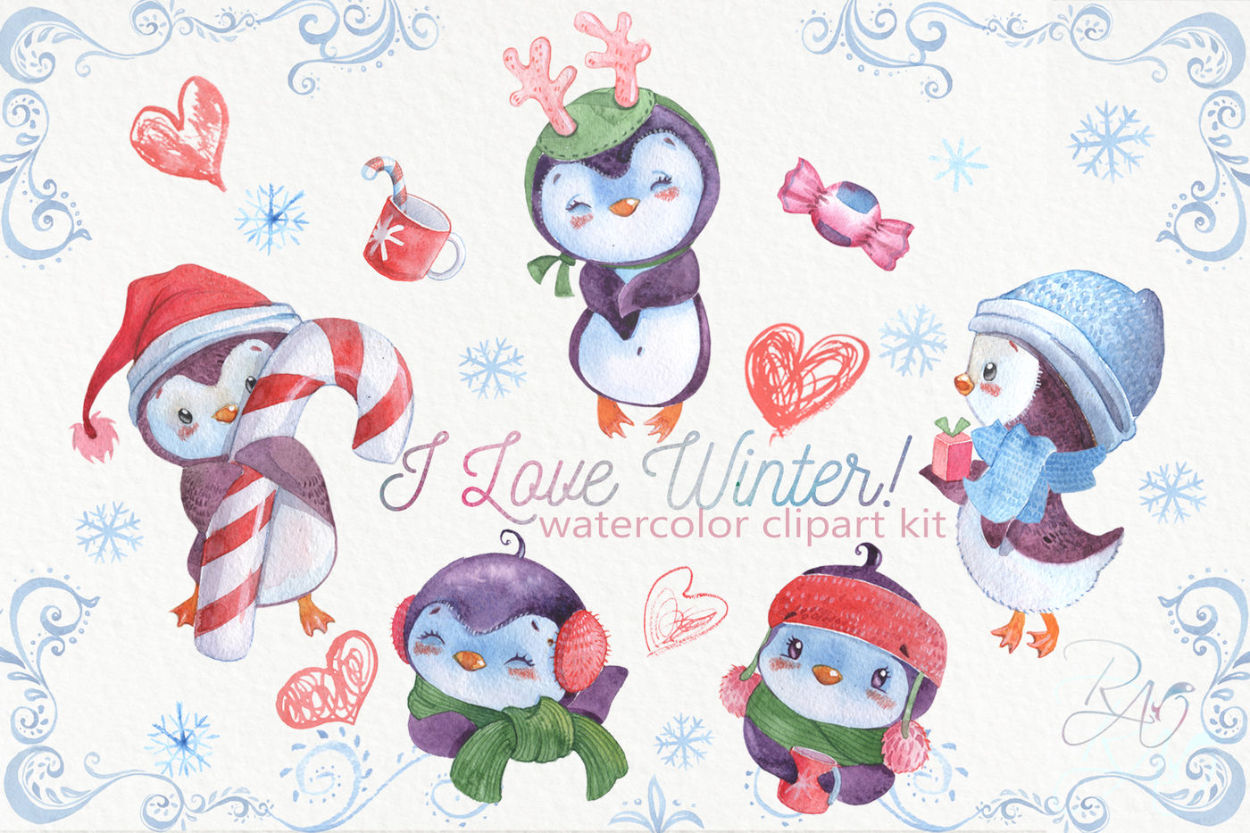 Cute watercolor Christmas penguins clipart Winter baby animals By Rivus ...