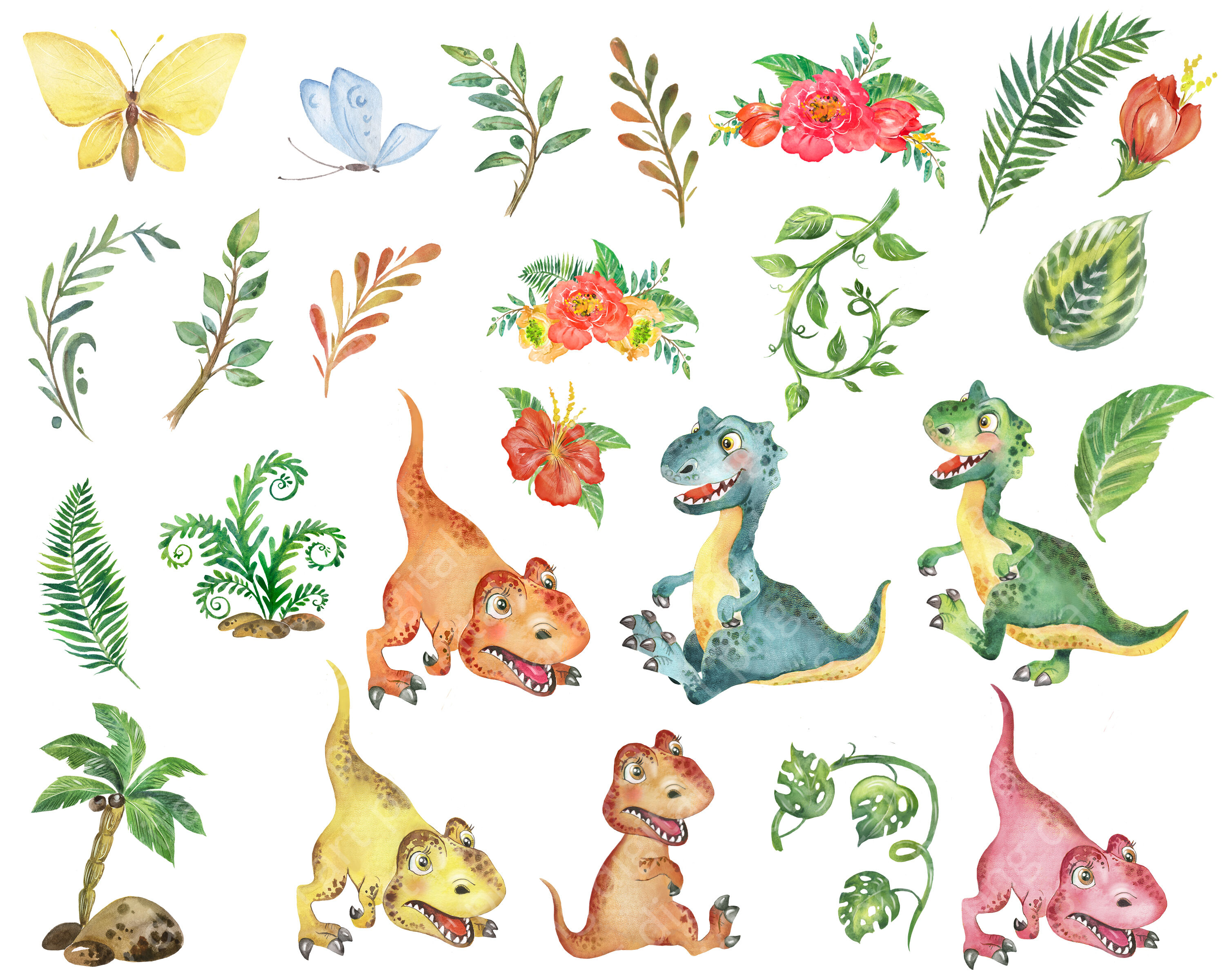 Watercolor Dinosaur Clipart. Dino baby clipart. Multi-colored dinosaur ...