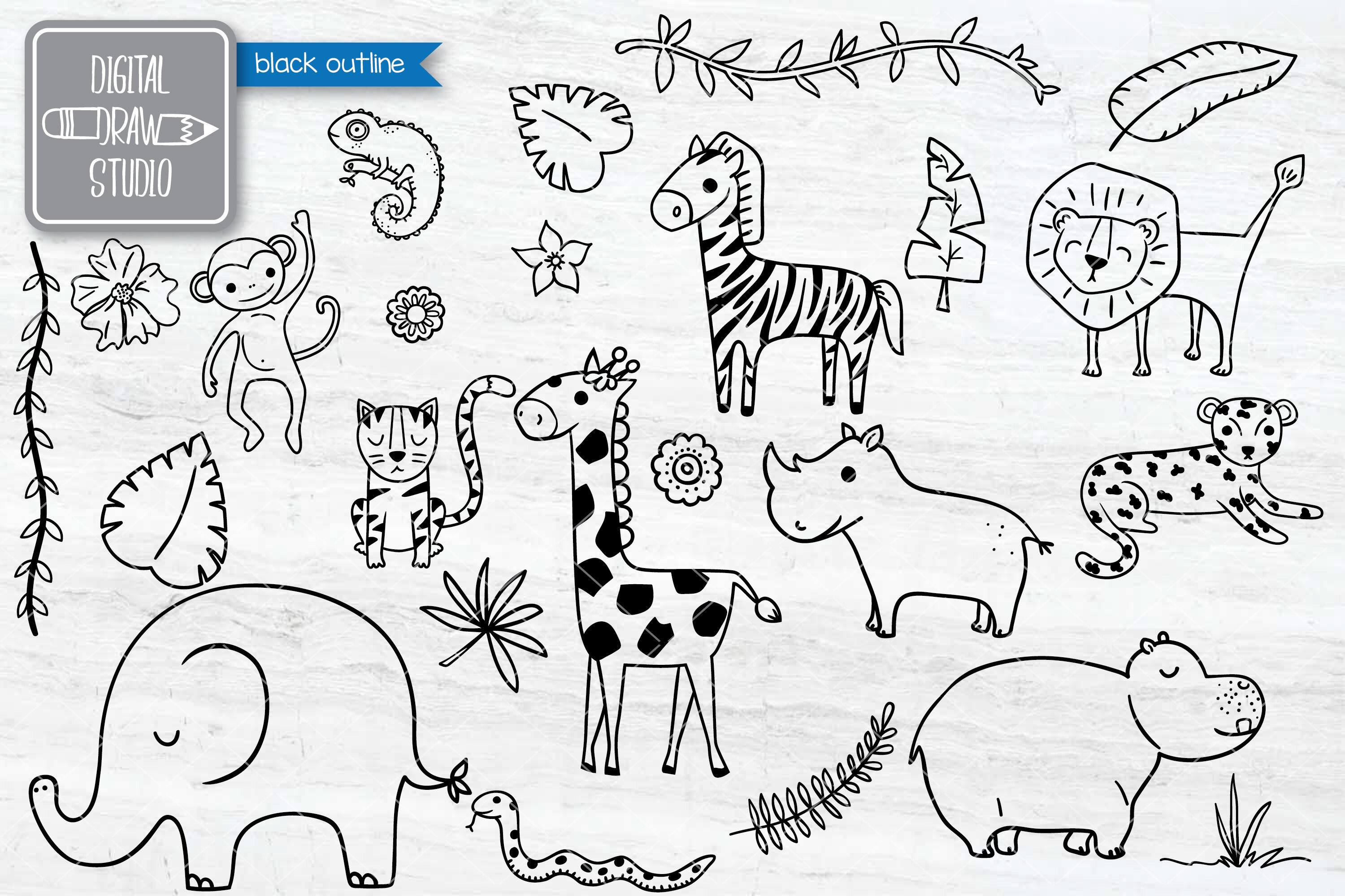 Jungle Animals and Tropical leafs Hand Drawn Doodles By Digital Draw ...