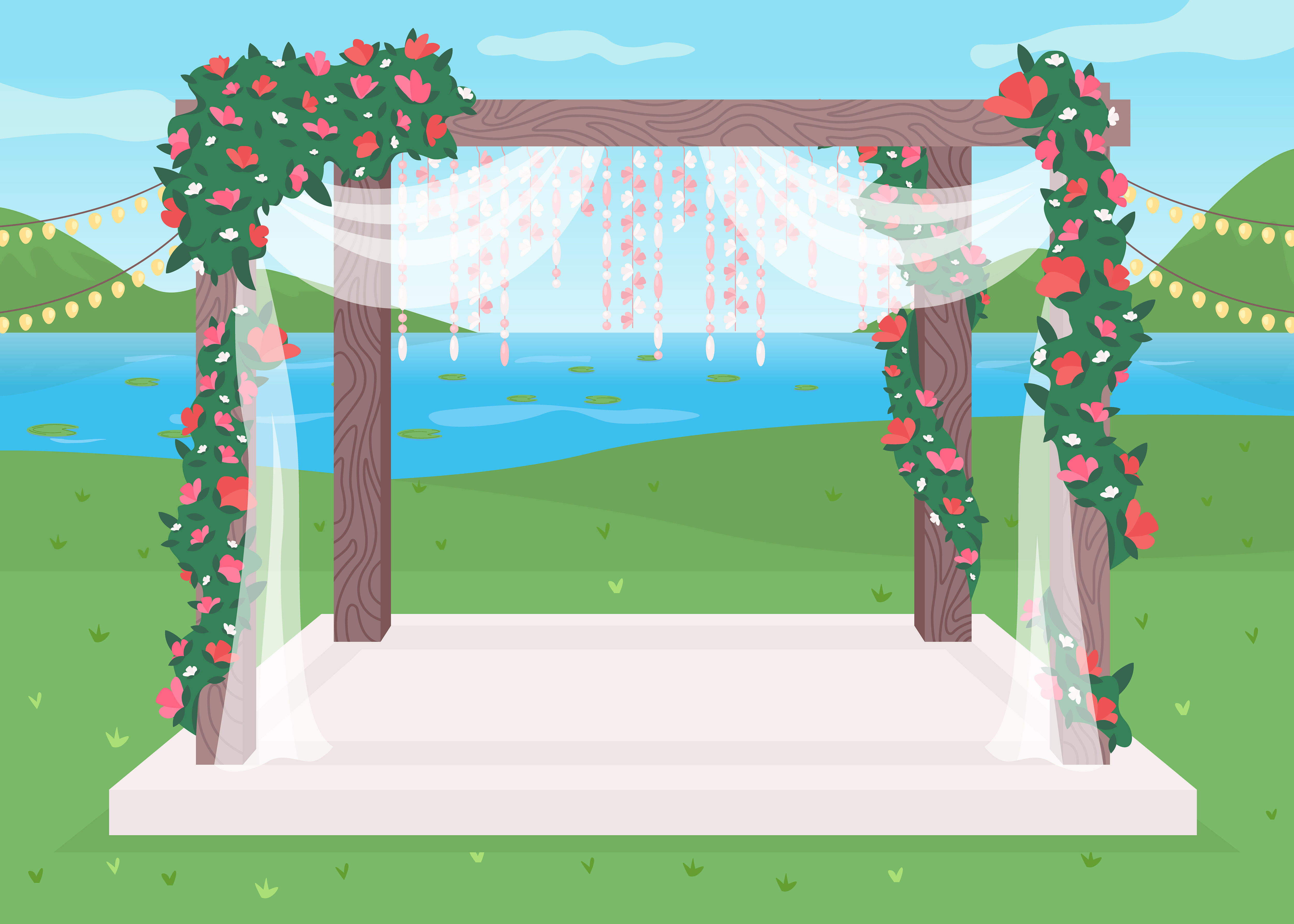 Luxurious Outdoor Wedding Venue Flat Color Vector Illustration By Ntl