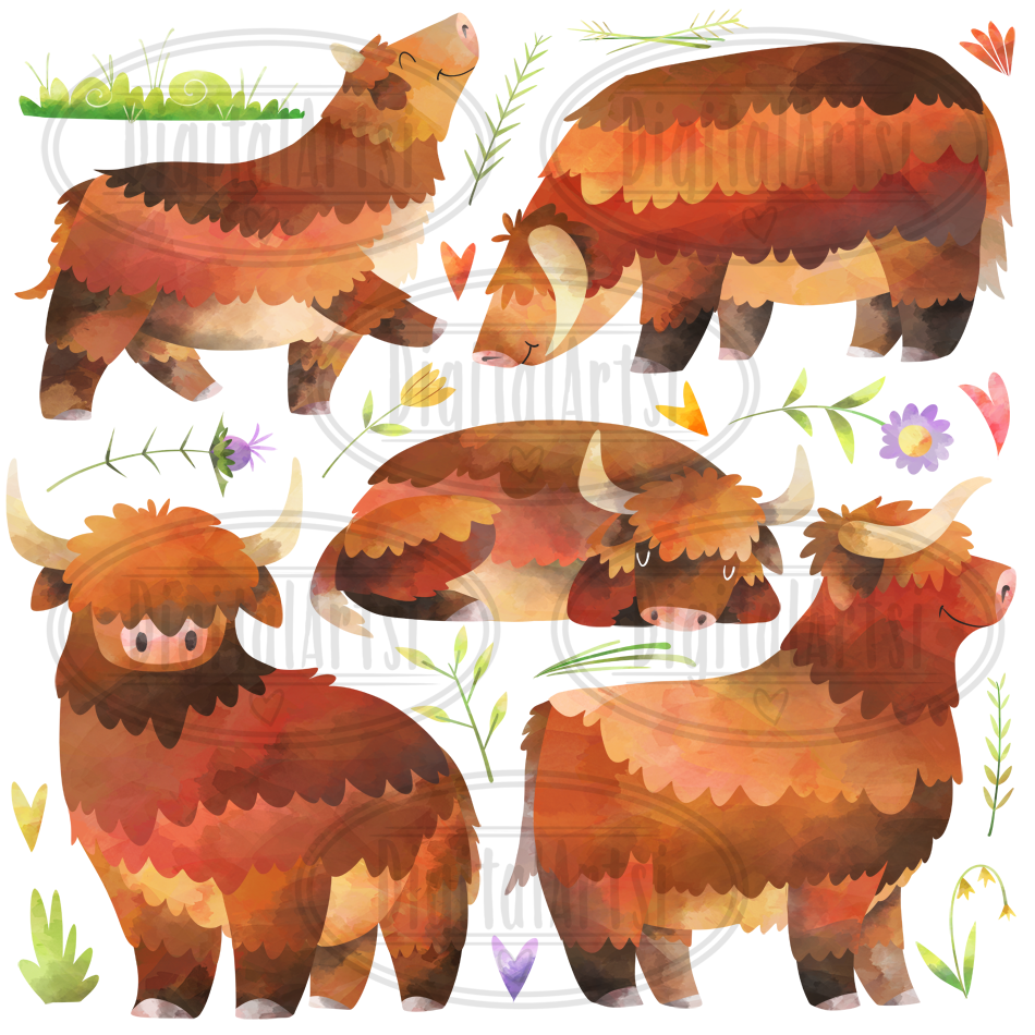 Watercolor Highland Cows Clipart By Digitalartsi | TheHungryJPEG