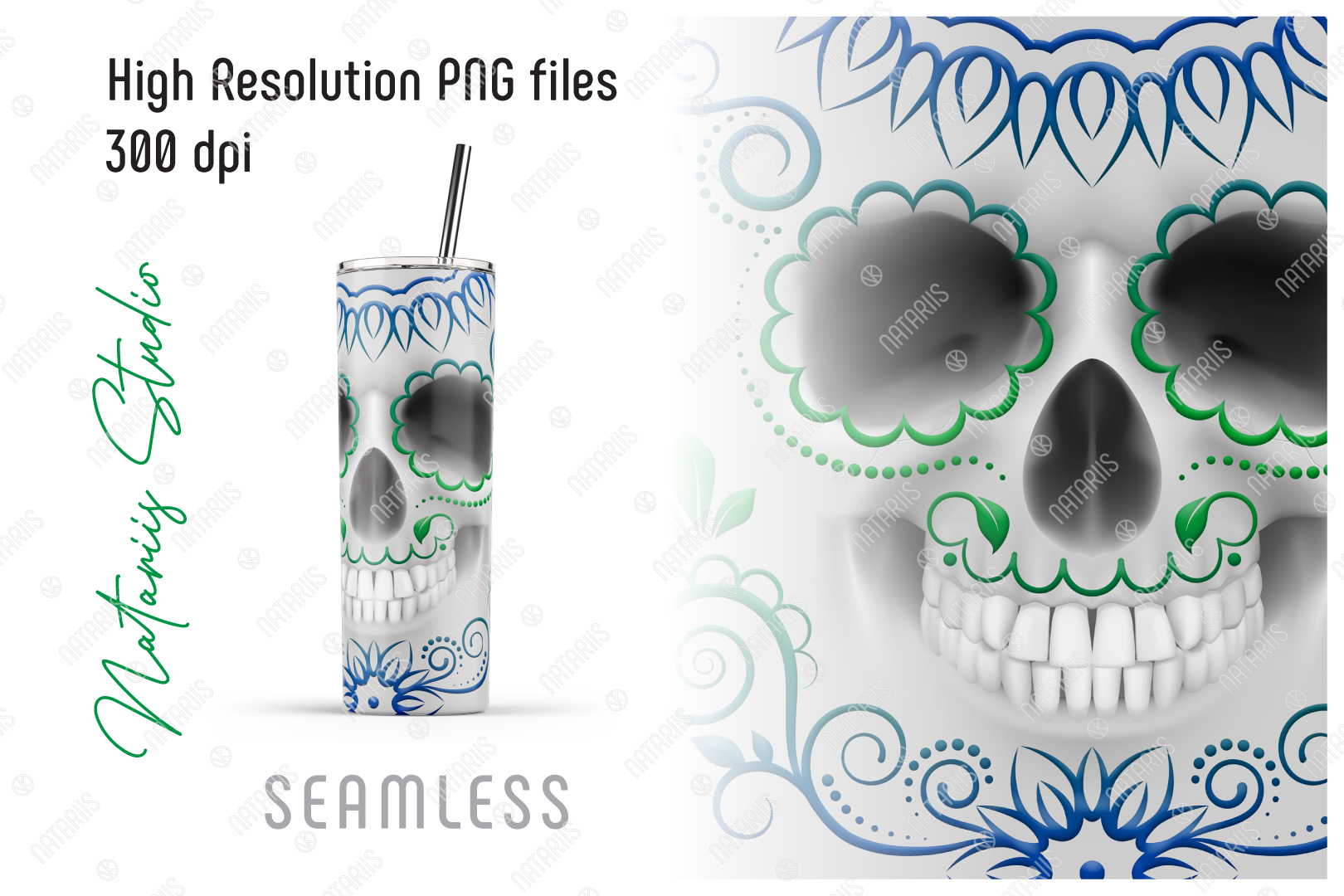 3 Elegant Sugar Skulls Sublimation Designs 20oz Skinny Tumbler By