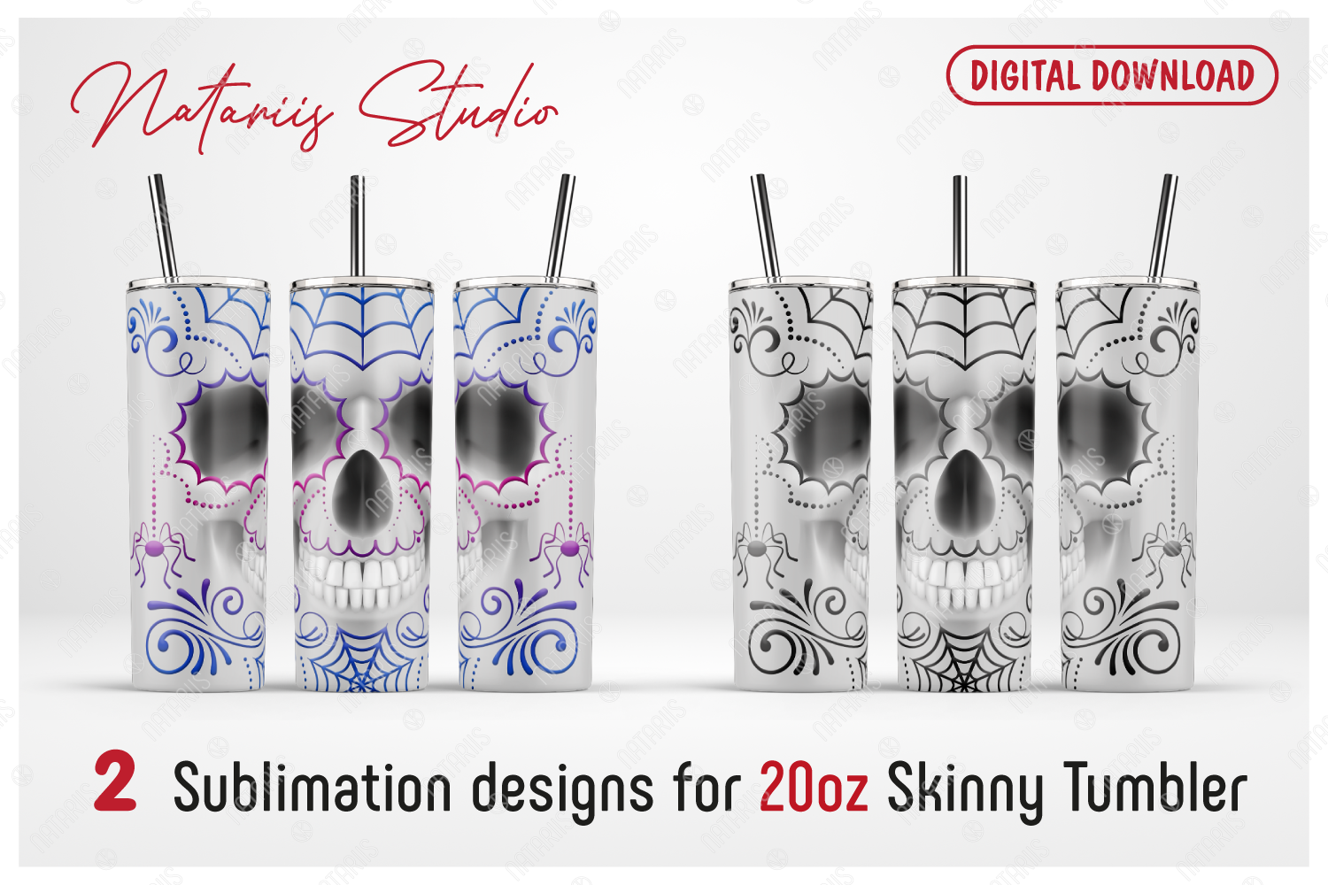 2 Elegant Sugar Skulls Sublimation Designs 20oz Skinny Tumbler By