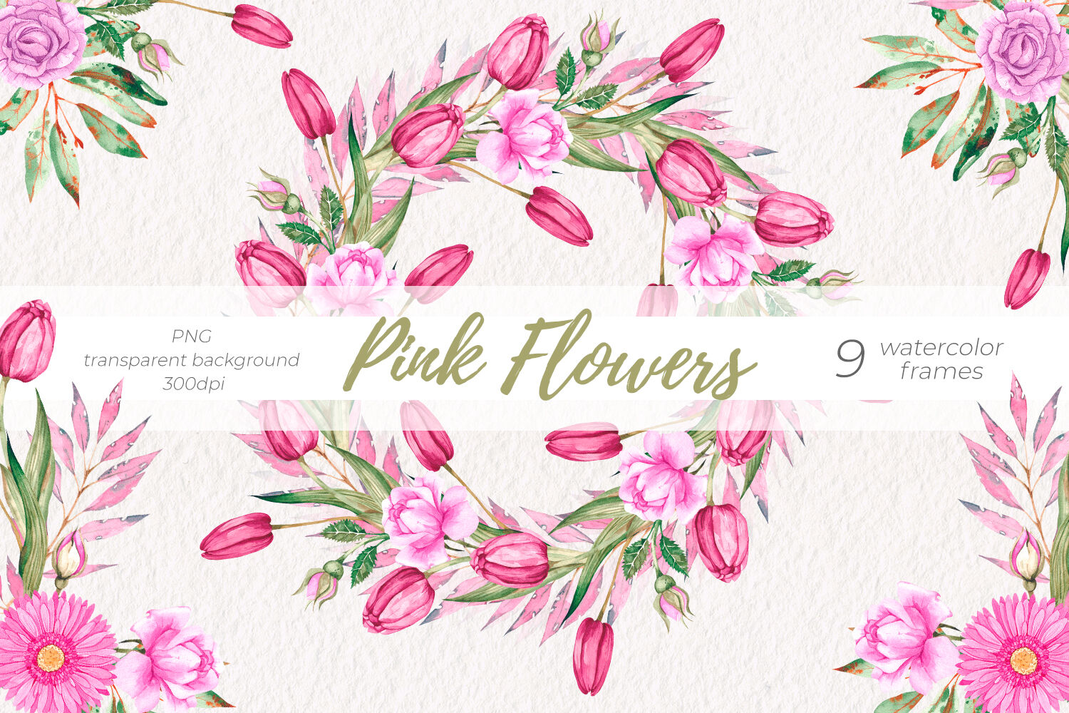 Pink Flowers, Watercolor Frames PNG By SKartistStudio | TheHungryJPEG.com
