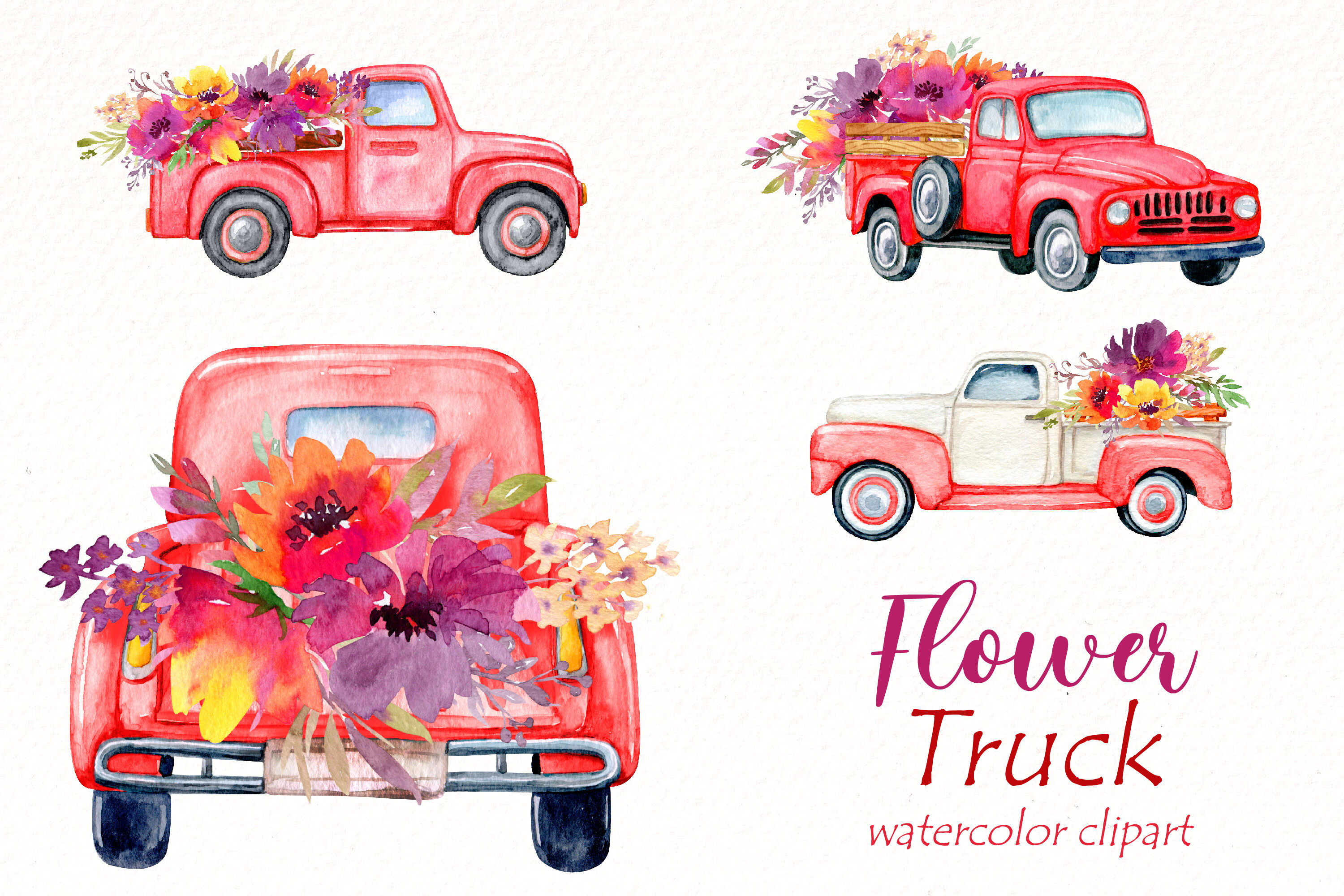 Flower Truck PNG Clipart, Watercolor Vintage Pickup trucks. By ...