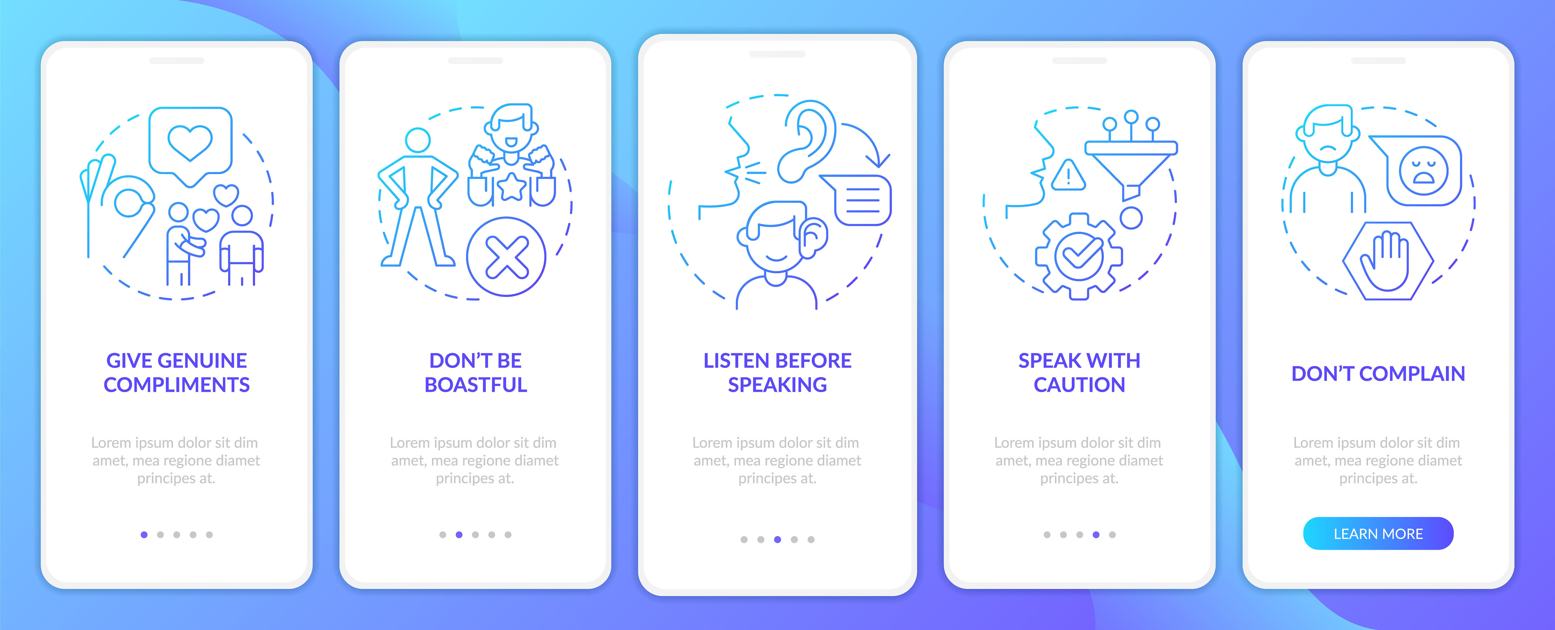 Basic etiquette rules blue gradient onboarding mobile app screen By bsd studio | TheHungryJPEG