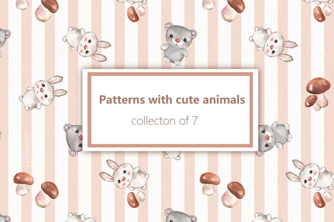 Cute animals. 7 seamless patterns By Gribanessa | TheHungryJPEG.com