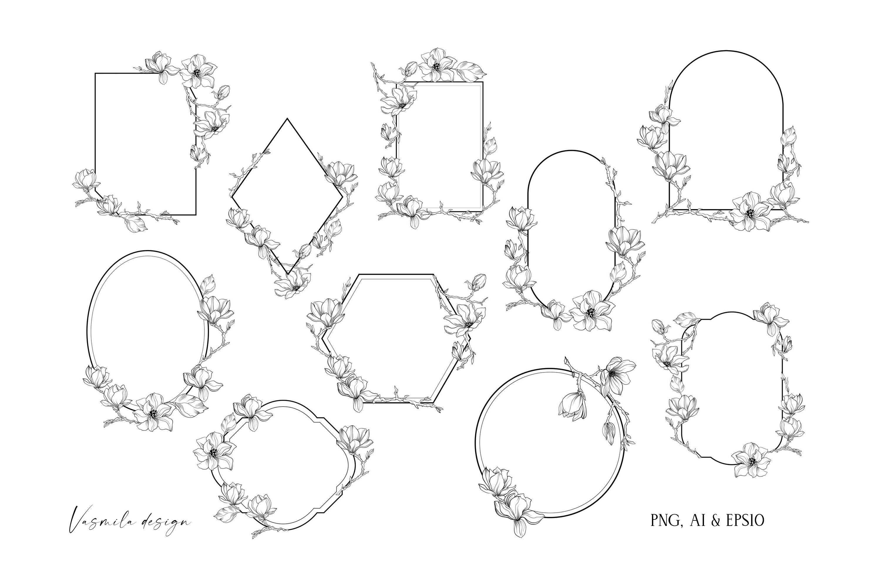 Magnolia Hand Drawn Line Art Frames By Vasmila Design | TheHungryJPEG