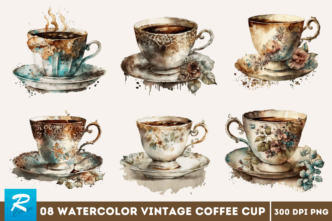Watercolor Vintage Coffee Cup Clipart Bundle By Regulrcrative ...