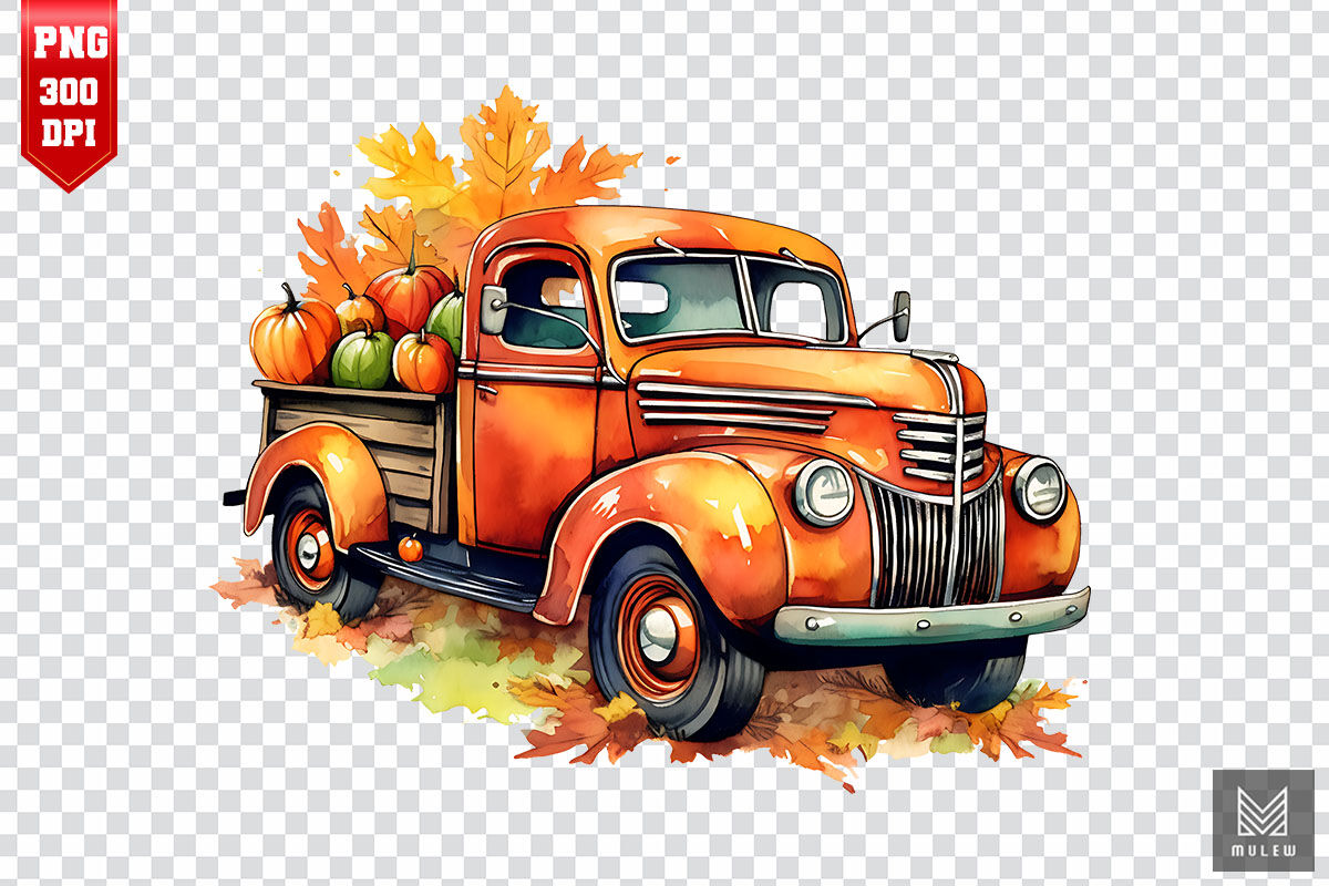 Watercolor Vintage Pumpkin Truck Clipart By Mulew Art | TheHungryJPEG
