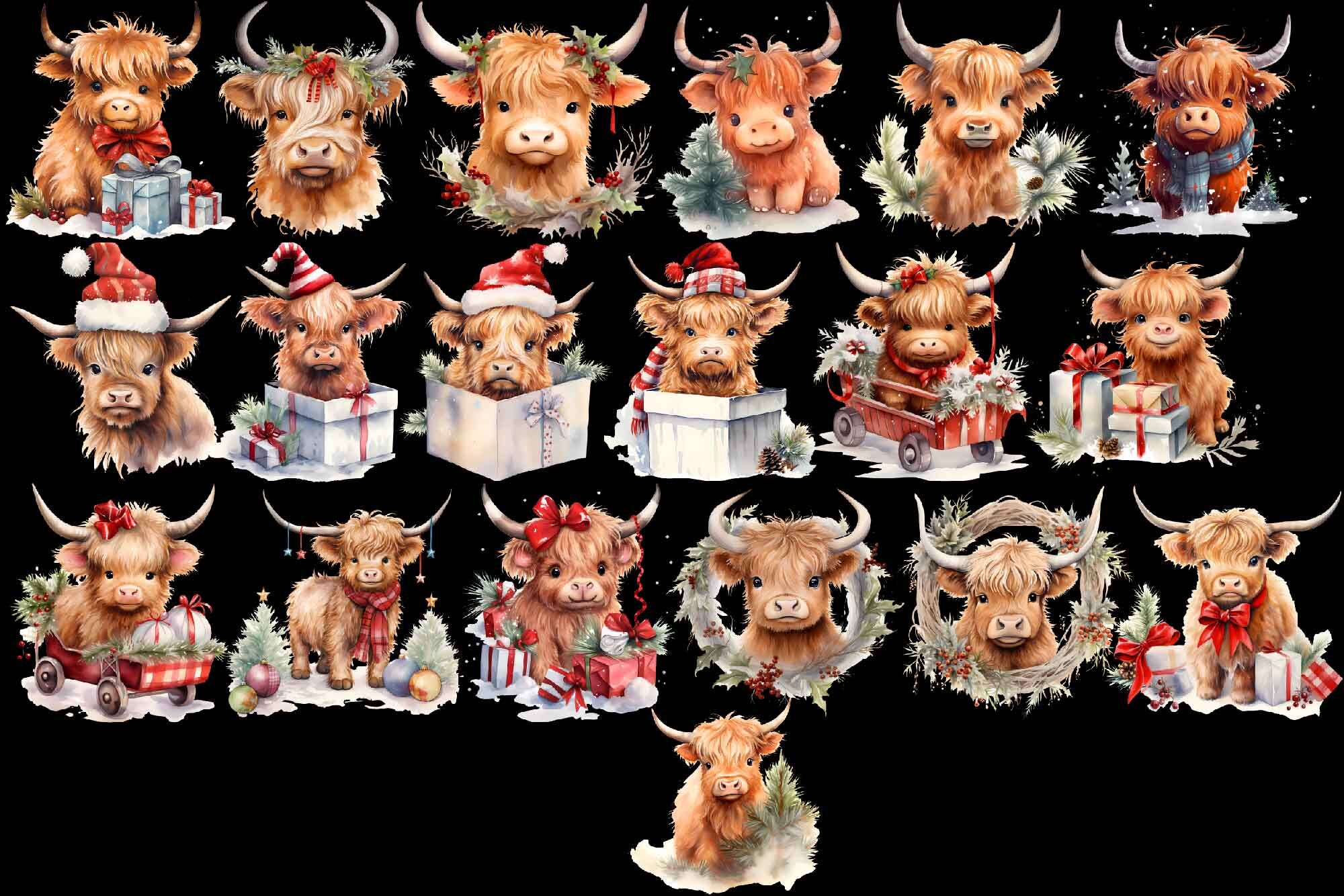 Christmas Baby Highland Cows Clipart | Winter Clip Art PNG By Fantasy ...