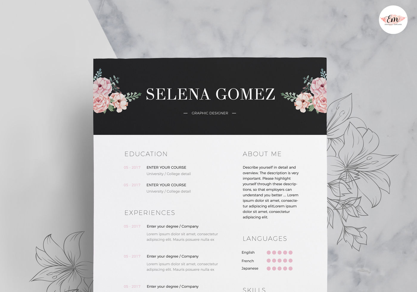 Floral 1 Page Resume By Emaholic Templates TheHungryJPEG